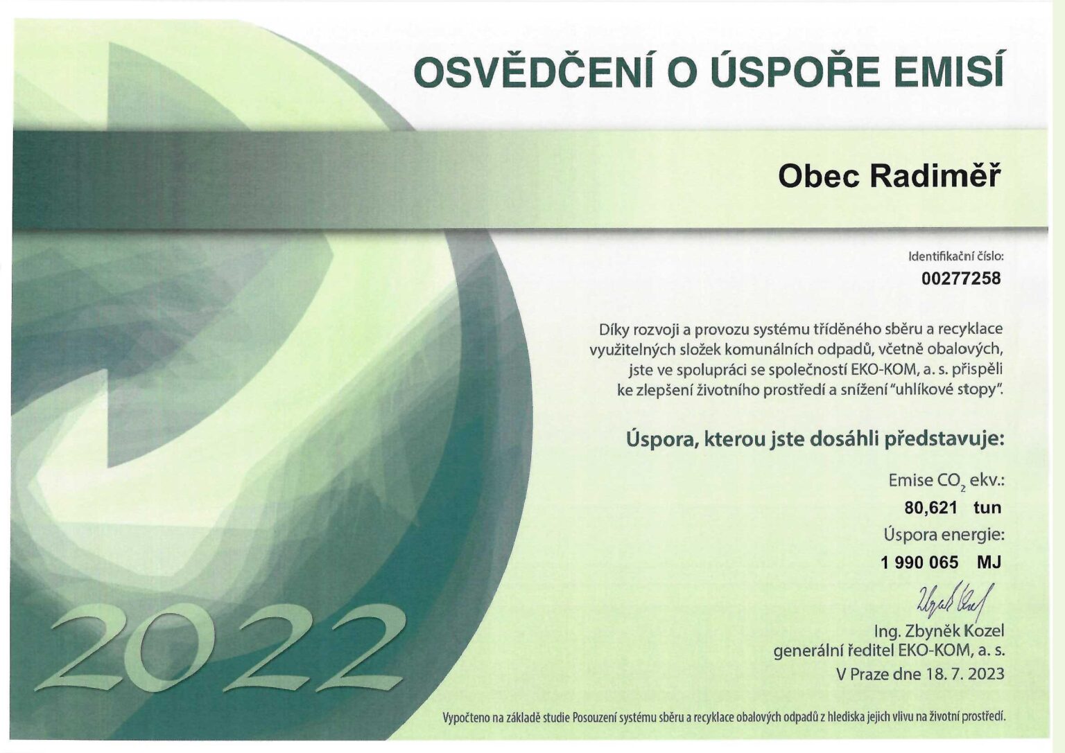 Třídění odpadu – osvědčení – Městys Radiměř