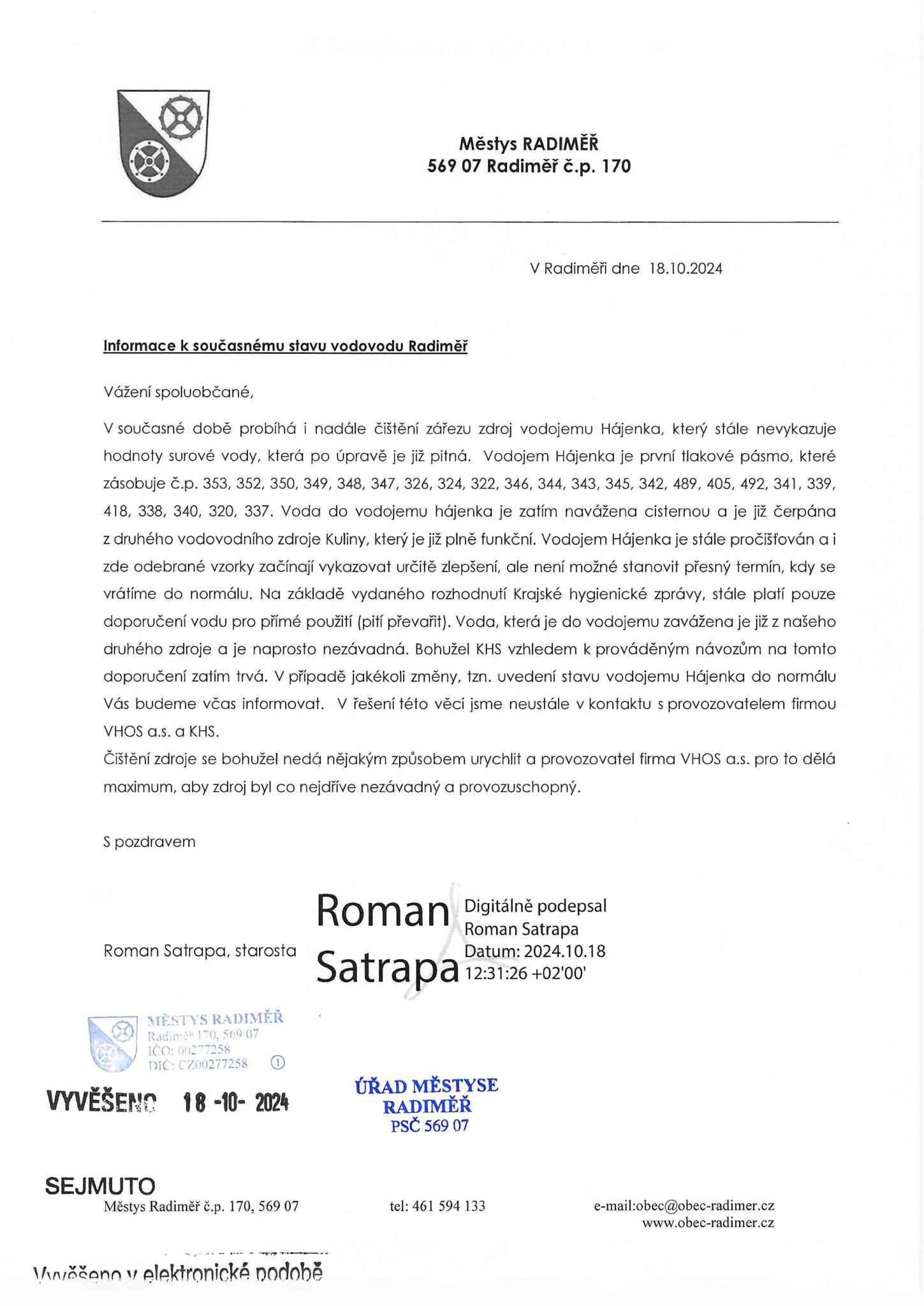 Informace k současnému stavu vodovodu Radiměř – Městys Radiměř